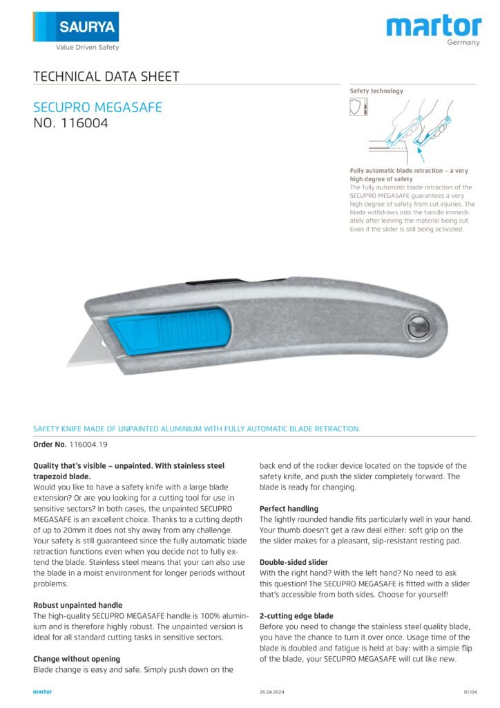 Automatic Blade Retraction Safety Knife Secupro Megasafe | Saurya Safety