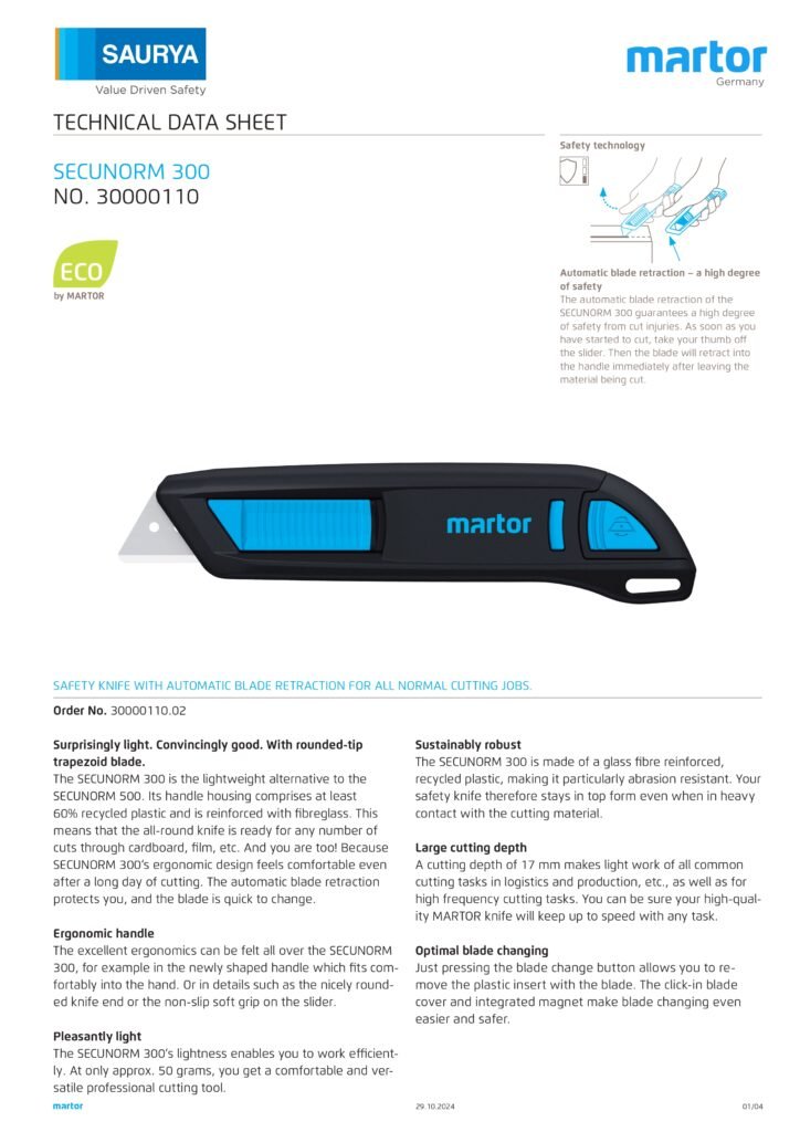 Martor Safety Cutter Secunorm 300 | Automatic Blade Retraction Safety ...